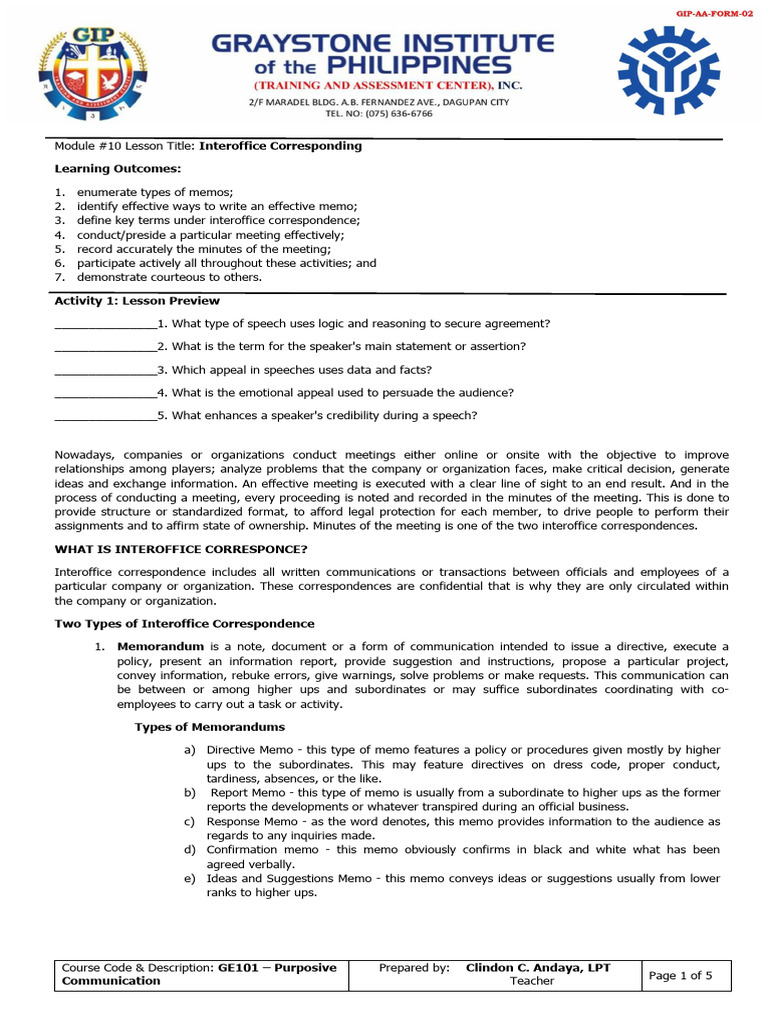 Module 10 Midterm - Purcom | PDF | Memorandum | Communication