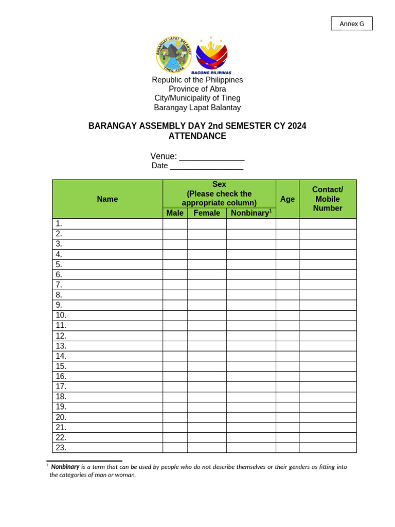 Barangay Assembly Attendance Form 2024 | PDF