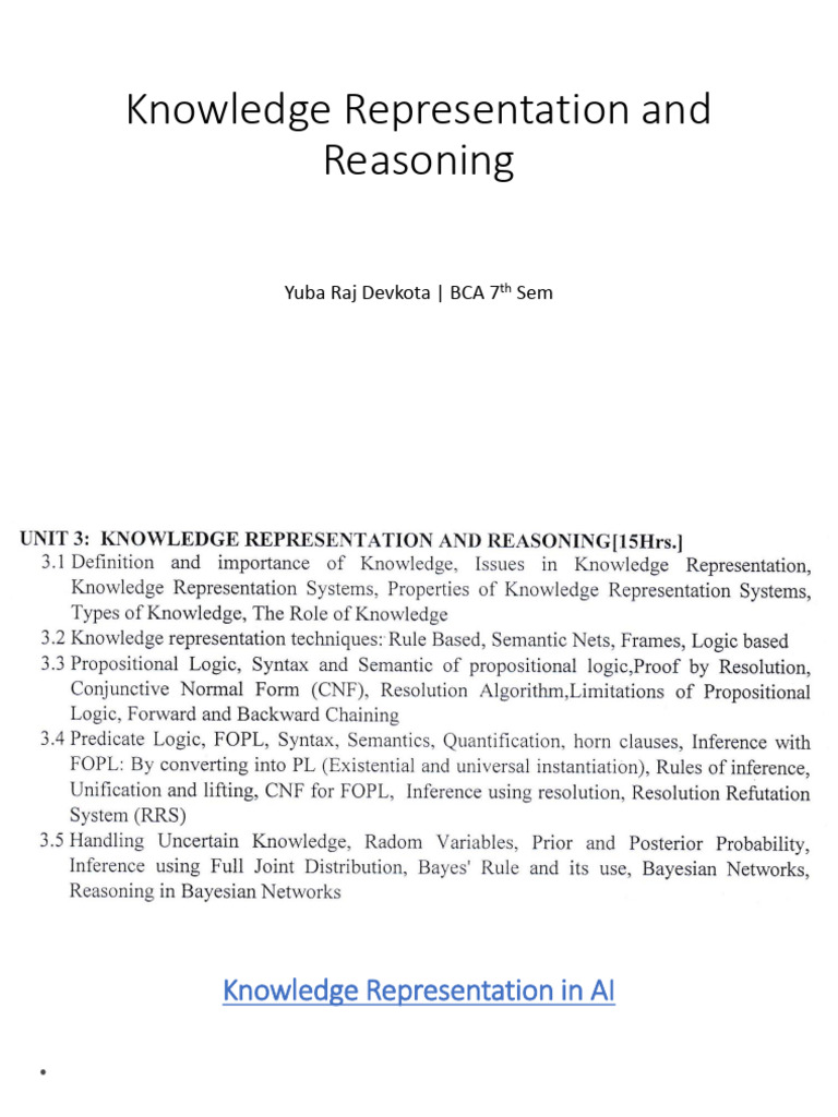 AI Unit3 Knowledge Representation f7749f6f Dd75 48e6 9ade Cdc1e86919ab | PDF | Logic | Bayesian ...