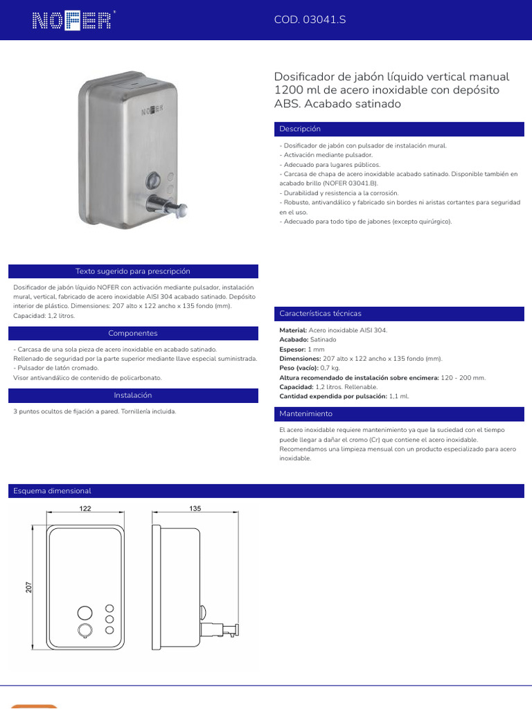 Dosi Cador de Jabón Líquido Vertical Manual 1200 ML de Acero Inoxidable ...