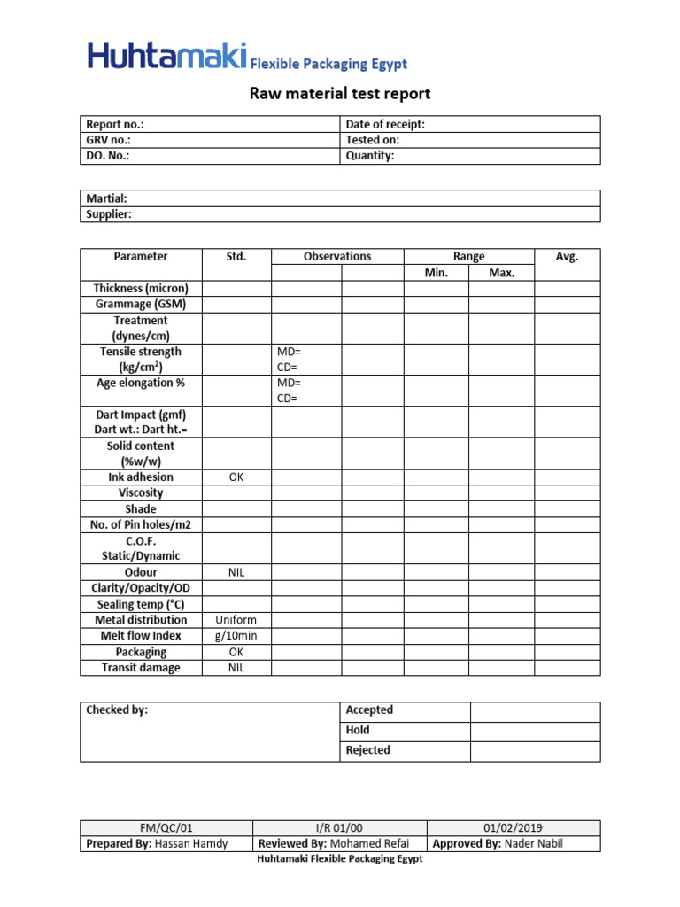 Raw Material Test Report for Flexible Packaging | PDF