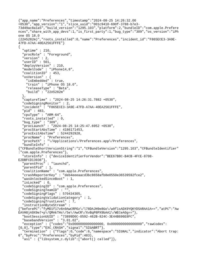 iPhone Preferences App Crash Report | PDF | Computer Data | Software Engineering