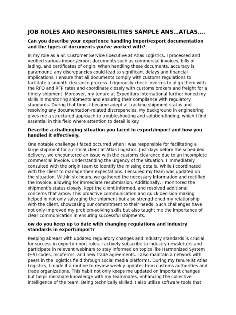 Job Roles and Responsibilities Sample Ans Atlas | PDF | Procurement ...