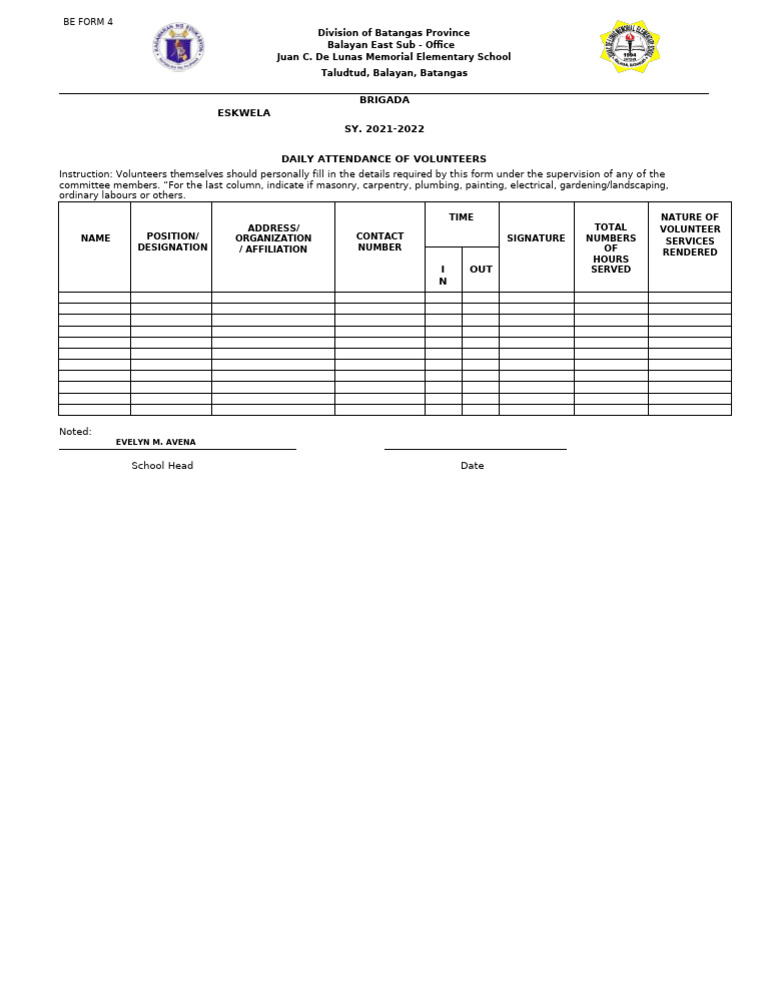 BS Form 4 Daily Attendance of Volunteer | PDF