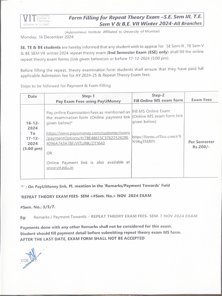 Repeat Exam Form Filling Notice | PDF