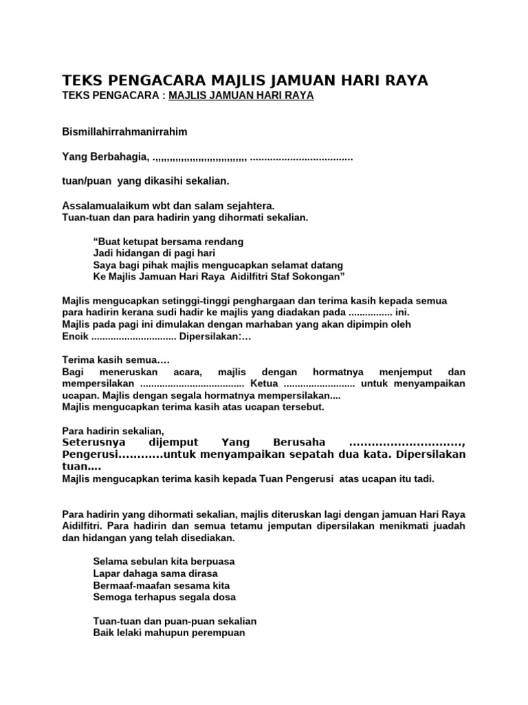 Teks Pengacara Majlis Jamuan Hari Raya | PDF