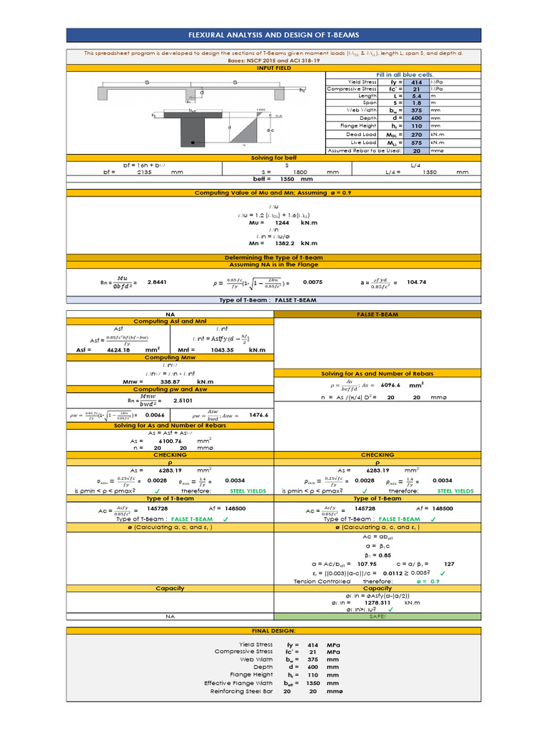 T-Beam Design Spreadsheet Guide | PDF | Building Engineering ...