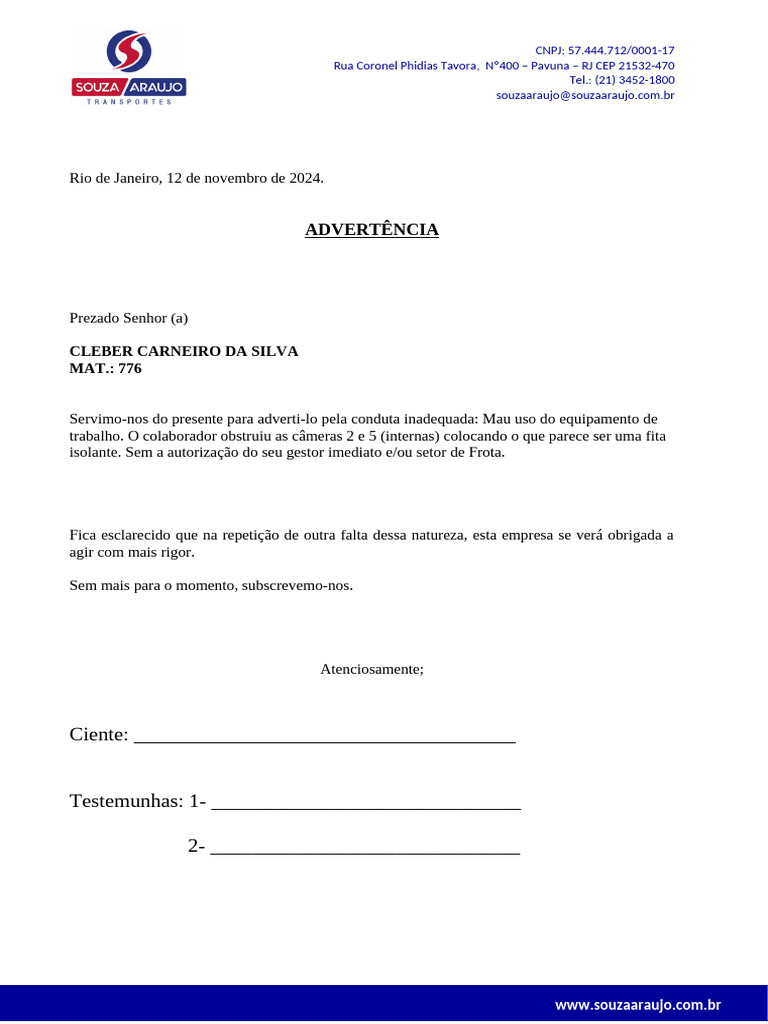 1 Advertência Cleber Carneiro - Mau Uso Do Equipamento | PDF