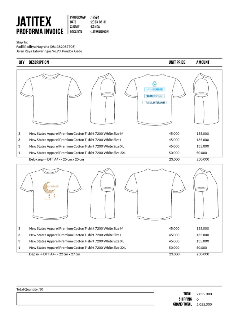Proforma Invoice for T-shirt Order | PDF