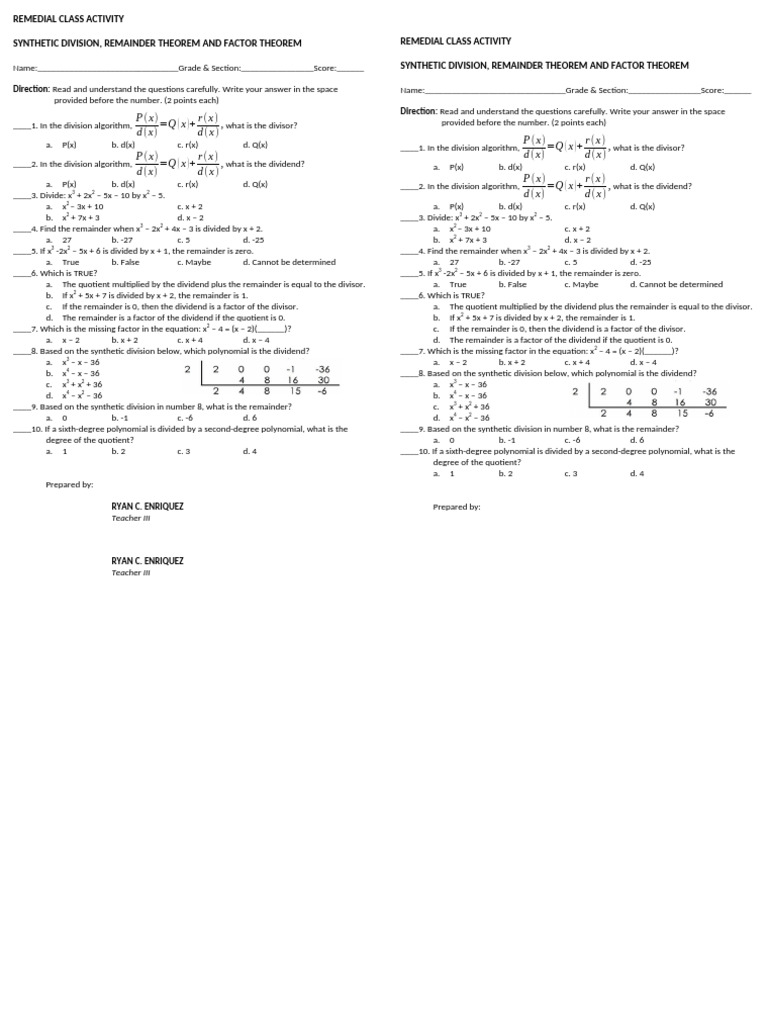 REMEDIAL ACTIVITIES For Grade 10 | PDF | Division (Mathematics ...