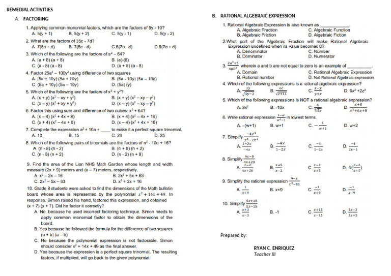 Grade 8 Math Remedial Activities | PDF
