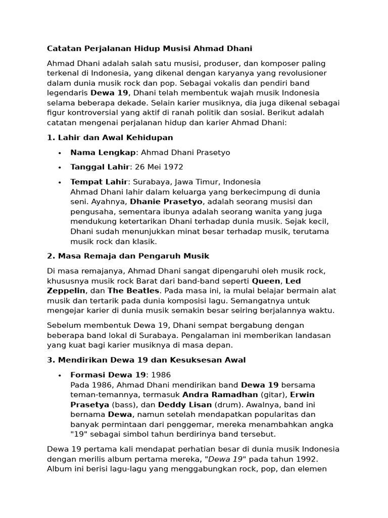 Catatan Perjalanan Hidup Musisi Ahmad Dhani | PDF