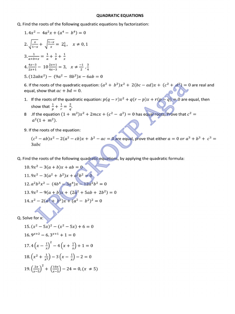 X Quadratic Equations Work Sheet | PDF
