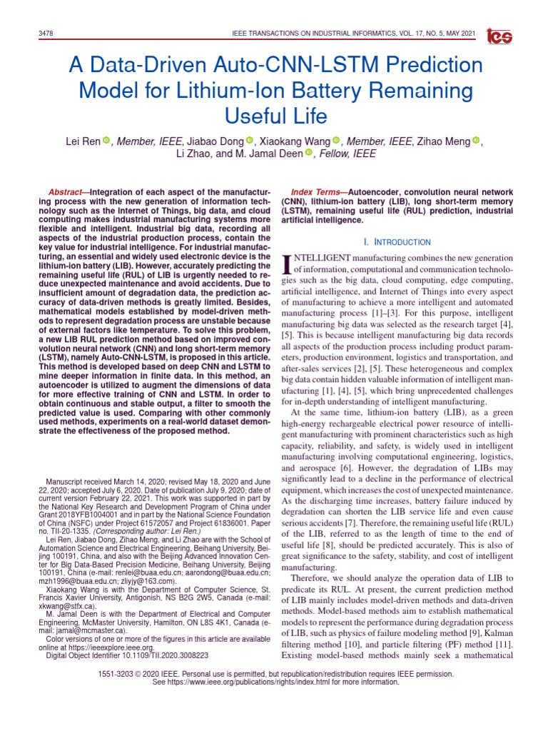 A Data-Driven Auto-CNN-LSTM Prediction Model For Lithium-Ion Battery Remaining Useful Life | PDF ...