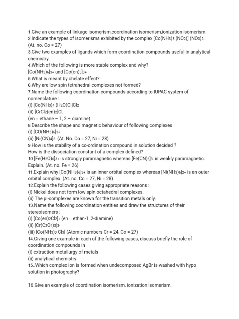 Co-Ordination Comp_worksheet (1) | PDF | Coordination Complex | Chemistry
