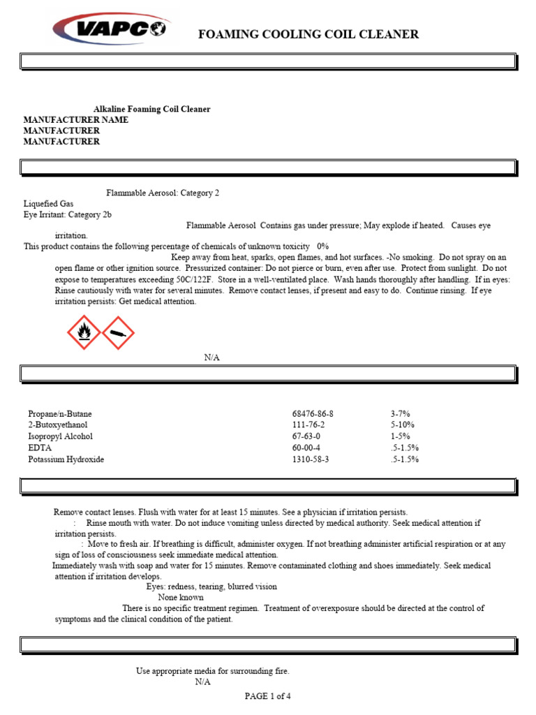 Alkaline Foaming Coil Cleaner SDS | PDF | Personal Protective Equipment ...