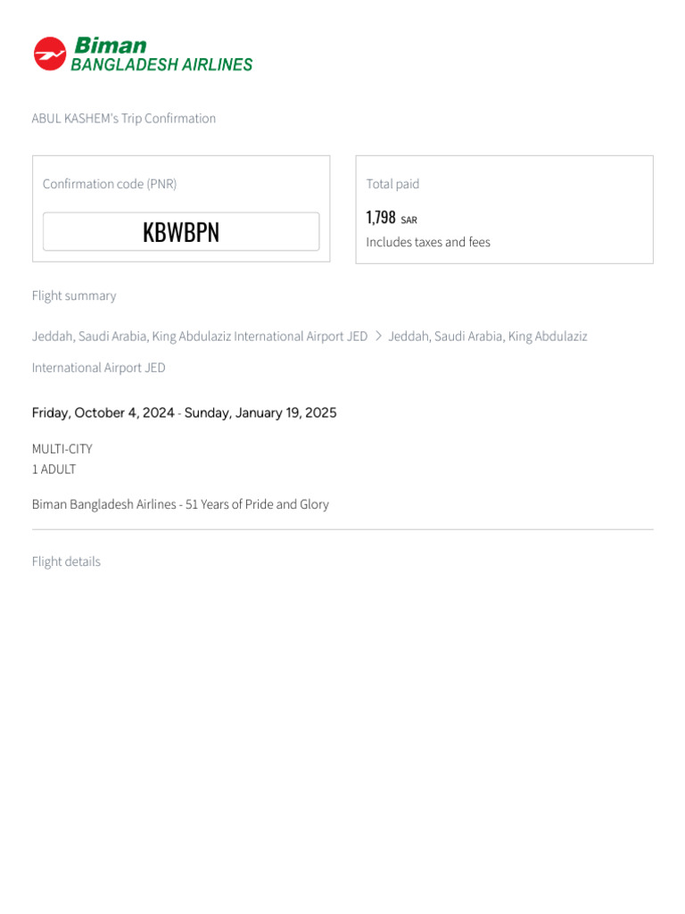 Biman Bangladesh Airlines - Print Confirmation | PDF | Airliner | Aviation