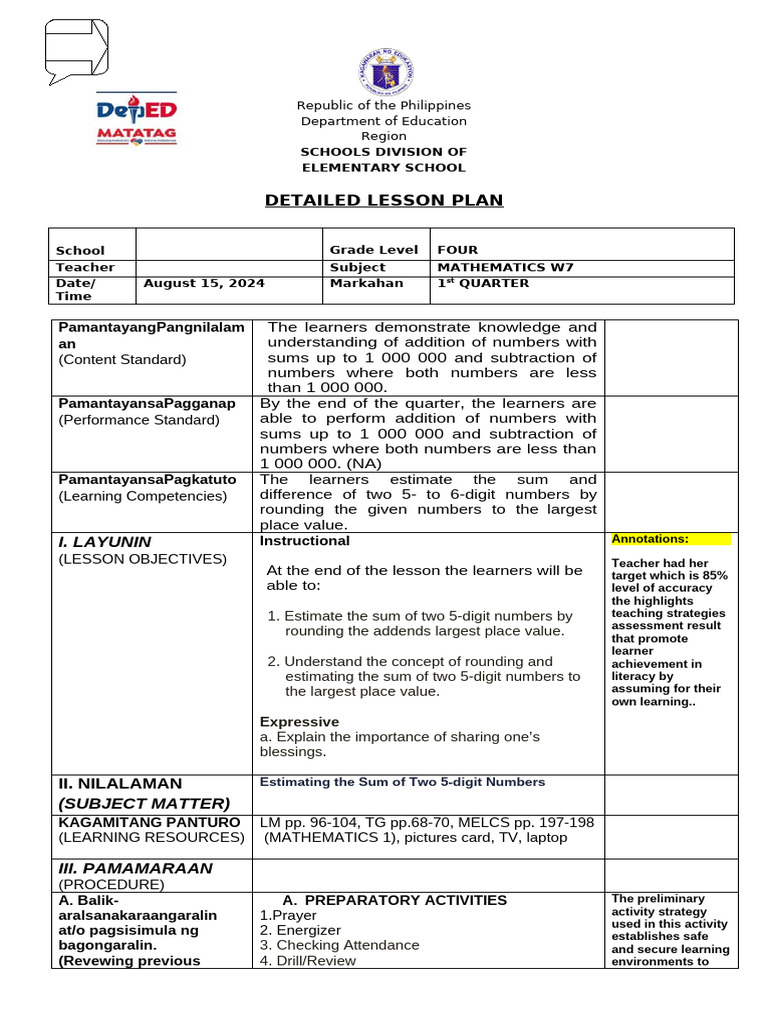COT - Math 4 Q1 W7 Estimating The Sum of Two 5-Digit Numbers | PDF ...