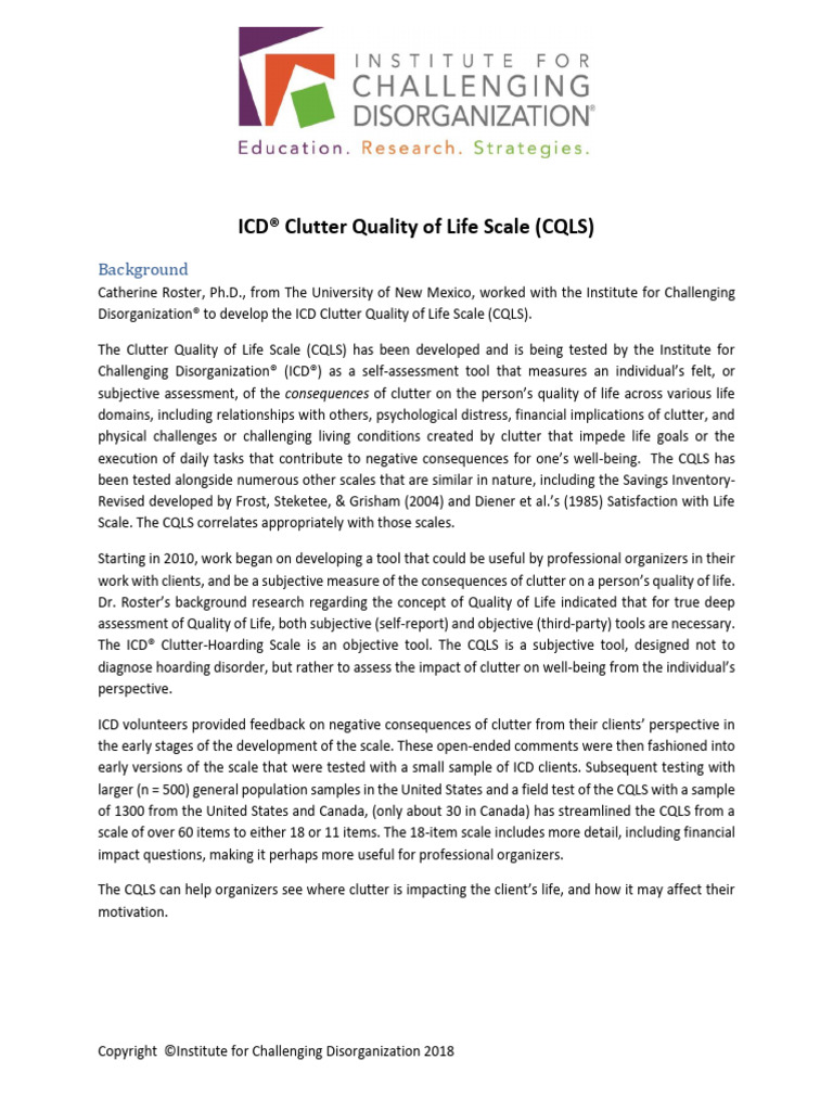 ICD Clutter Quality of Life Scale - Scoring and Description - Intro ...