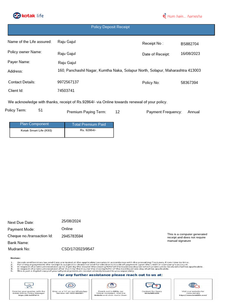 Kotak Life Insurance Premium Receipt | PDF
