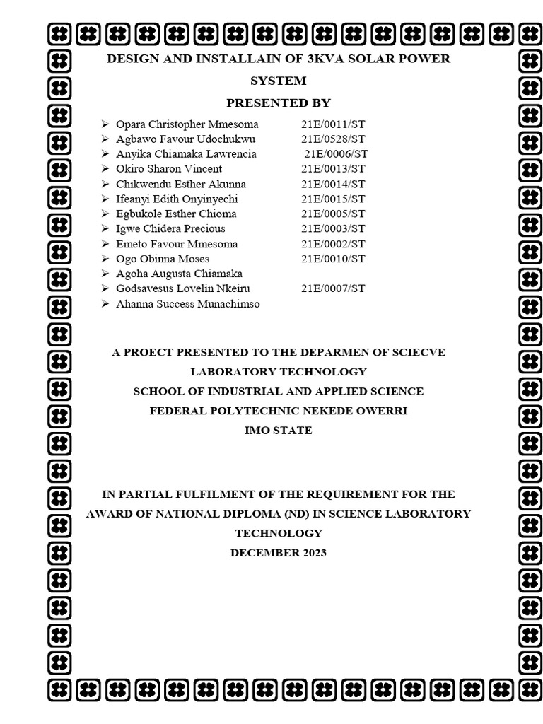 Design and Construction of 3kva Solar Power System Project | PDF ...