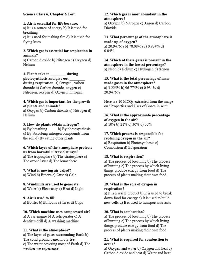 Grade 6 Science Air and Gases Quiz | PDF | Atmosphere Of Earth | Oxygen