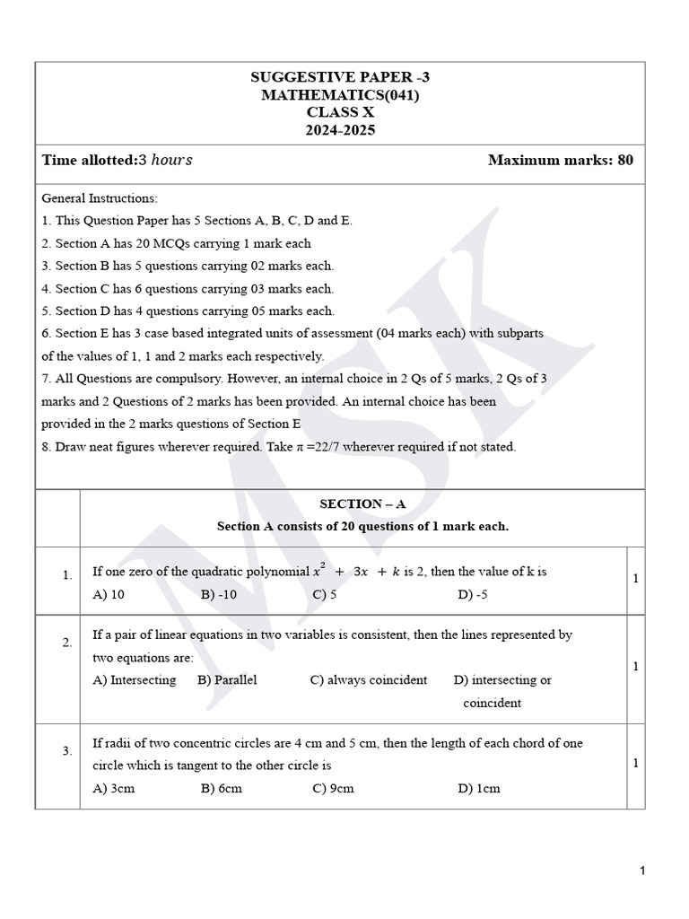 SUGGESTIVE_3_10_MATHEMATICS__QP_2024_2025 | PDF | Circle | Geometry