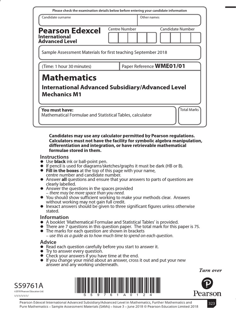 M1 IAL Sample Assessment QP | PDF | Mass | Force