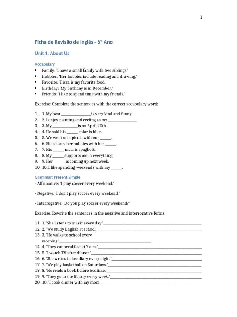 Ficha Revisao Ingles 6ano | PDF | Classroom