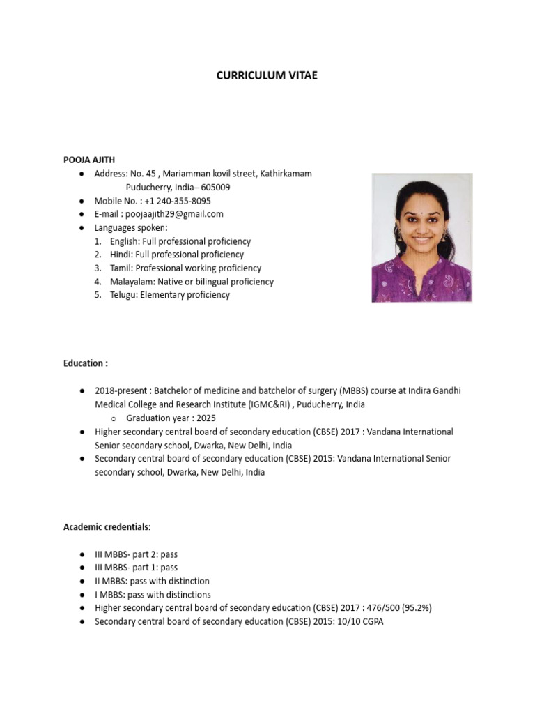 CV Pooja October 15 Edit | PDF | Medical School | Health Care