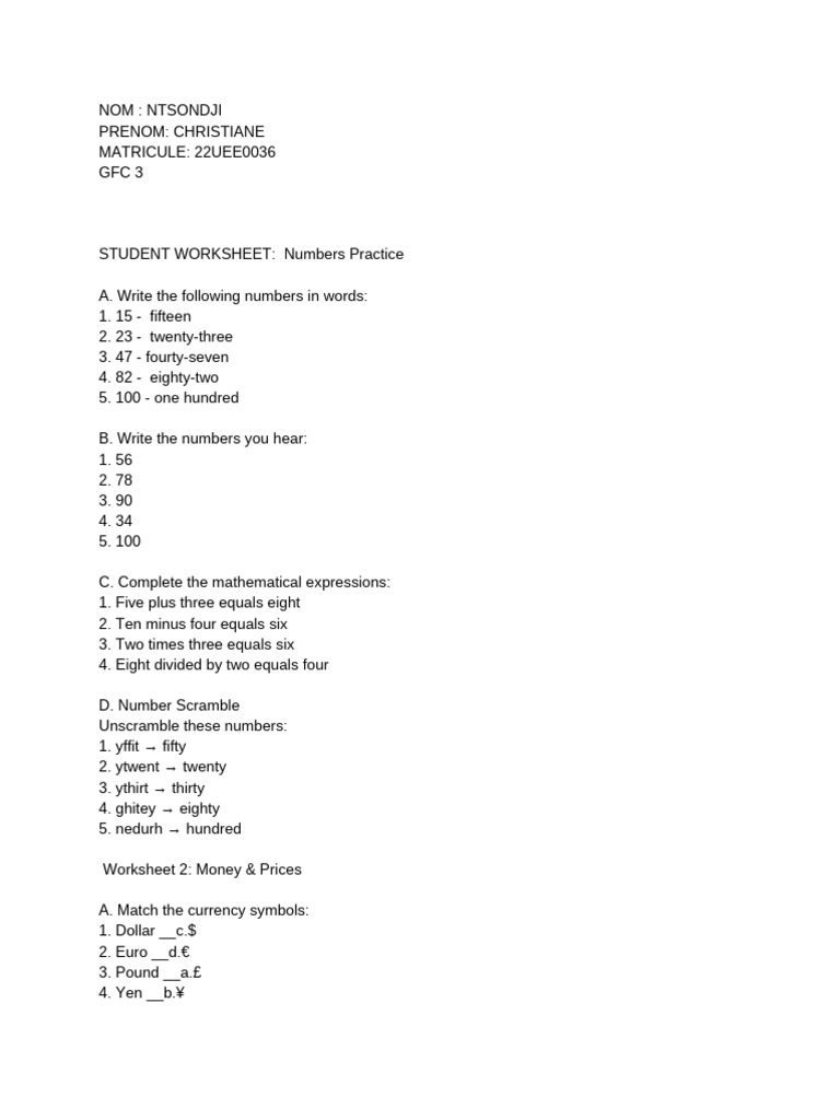 Numbers & Money Practice Worksheet | PDF