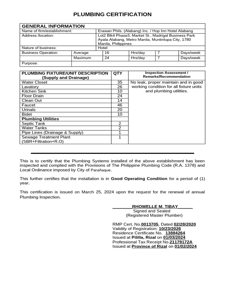 Plumbing Certification (Erawan ALABANG) | PDF | Plumbing | Hygiene