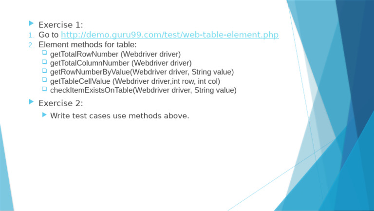Go To Element Methods For Table:: Exercise 1 | PDF