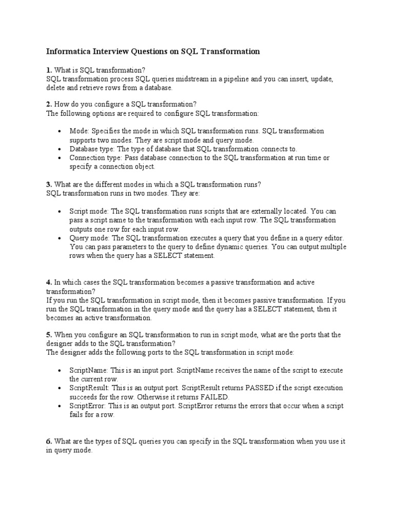 Informatica Interview Questions On SQL Transformation | PDF | Sql | Parameter (Computer Programming)