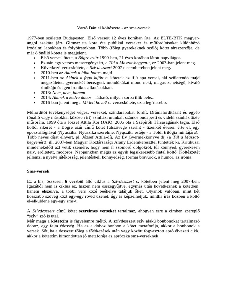 Varró Dániel Költészete Sms-Versek | PDF