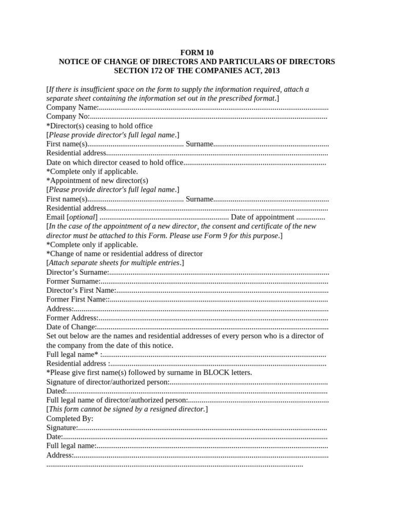 FORM 10 - Notice of Change of Directors | PDF | Onomastics