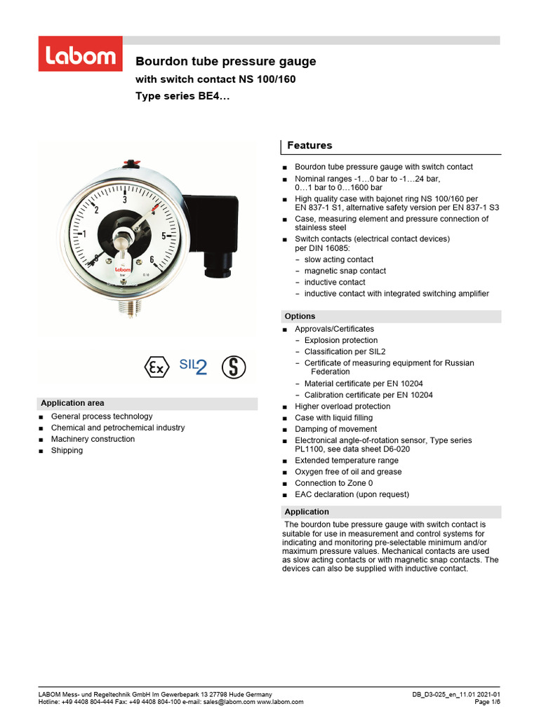 Bourdon Tube Pressure Gauge BE4 Series | PDF | Pressure Measurement ...
