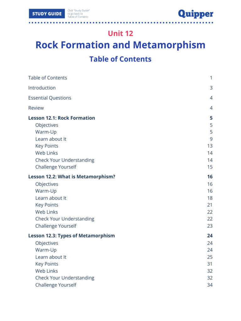 Earth Science SHS Unit 12 Rock Formation and Metamorphism (Study Guide ...