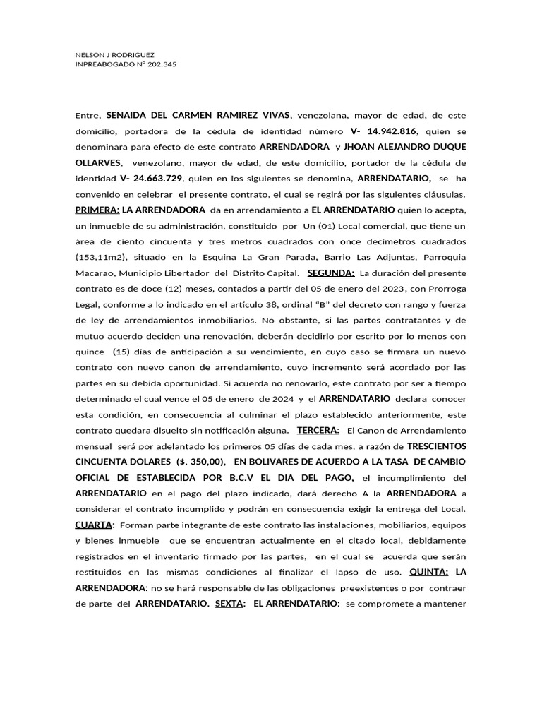 Contrato de Alquiler Sra Senaida Por 6 Meses Actualizado Al 01 2022 | PDF