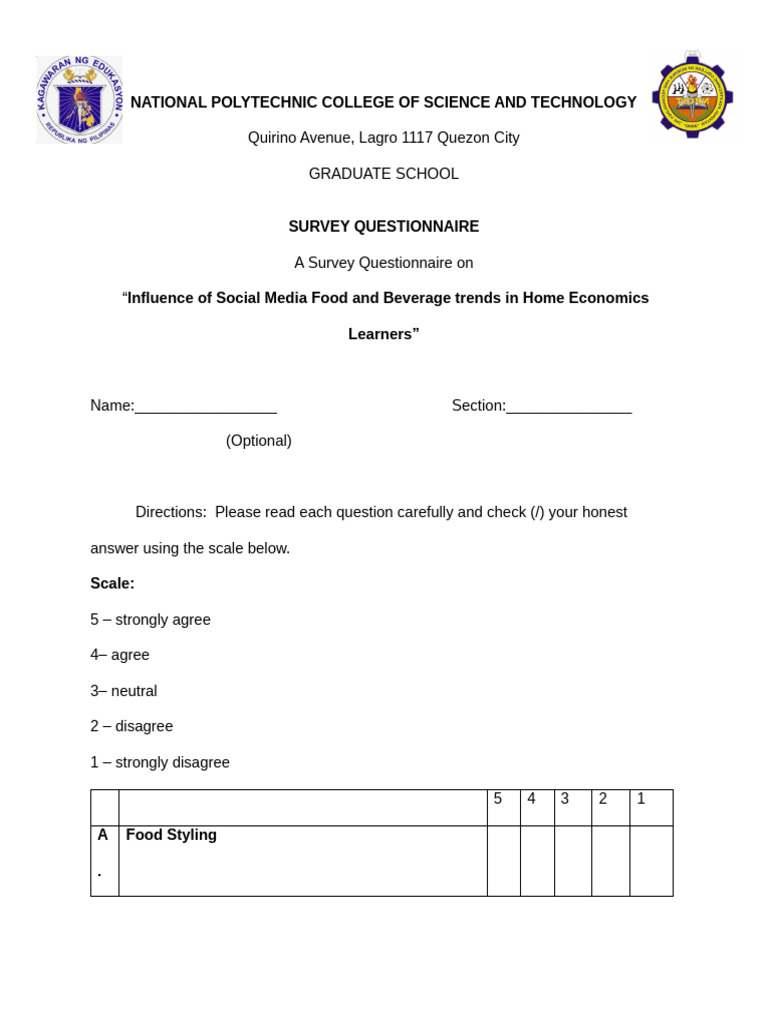 Survey Questionnaire Group 1 | PDF | Cooking | Food And Drink