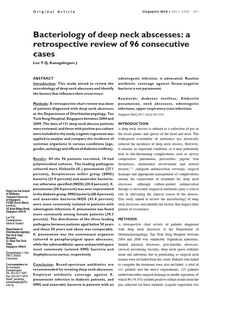 Bacteriology of Deep Neck Abscesses A Retrospective Review of 96 ...