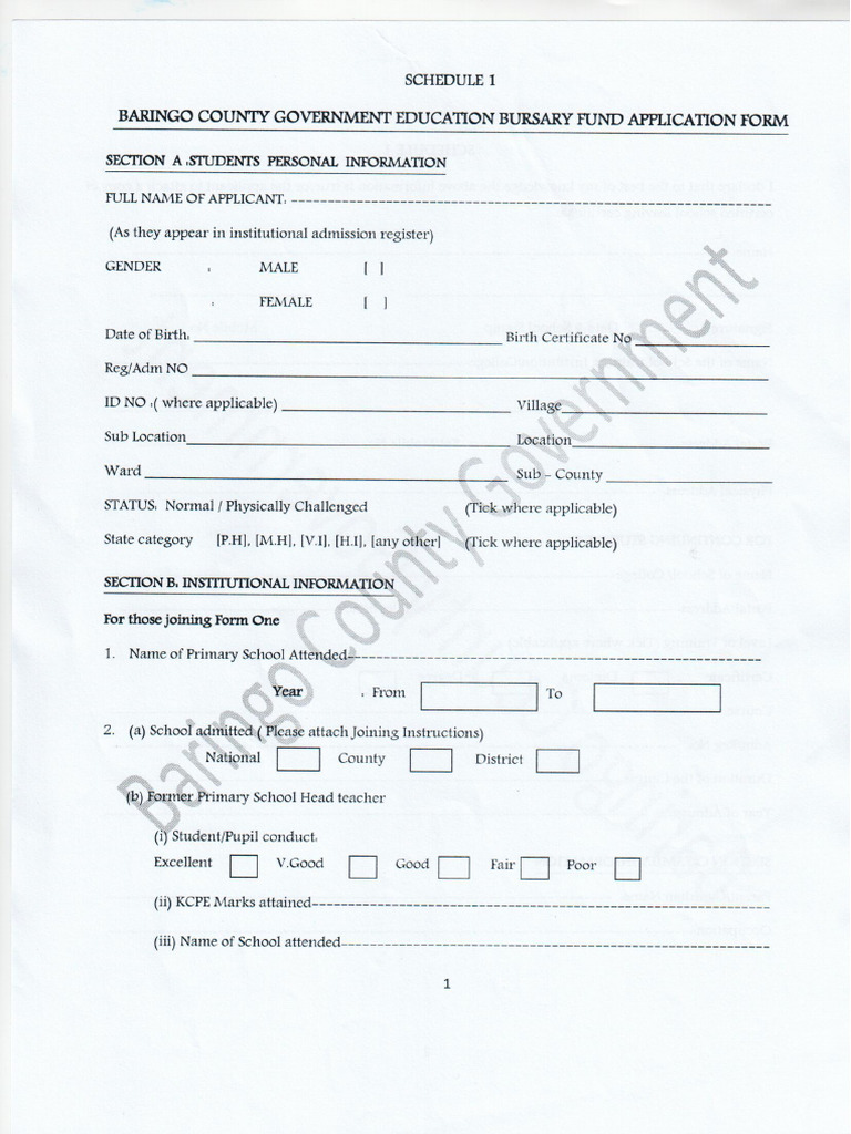 Baringo County Education Bursary Fund App Form | PDF