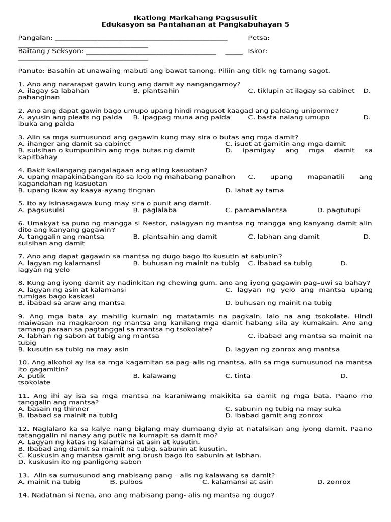 Third Periodic Test in EPP 5 - Home Economics | PDF