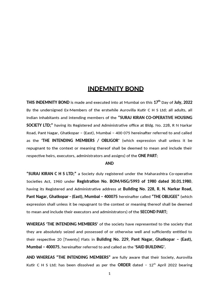 Draft of The Indemnity Bond | PDF | Indemnity | Justice