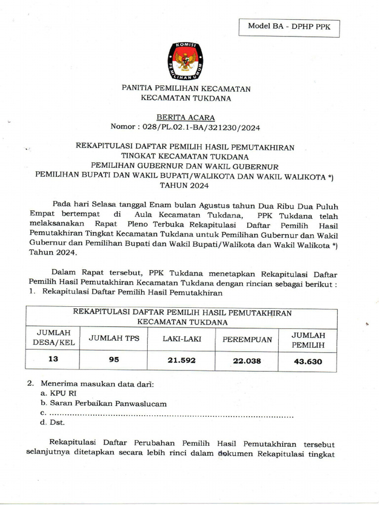 Berita Acara Rekapitulasi DPHP PPK Tukdana | PDF