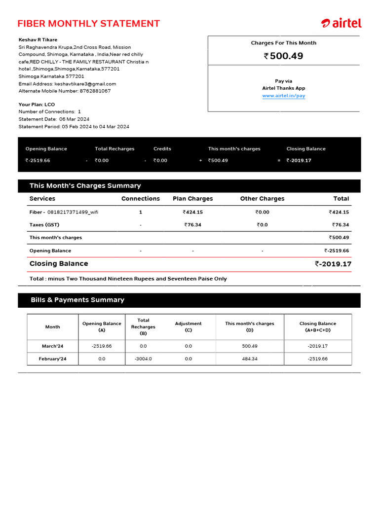 Fiber Monthly Statement: This Month's Charges Summary | PDF | Payments | Service Industries