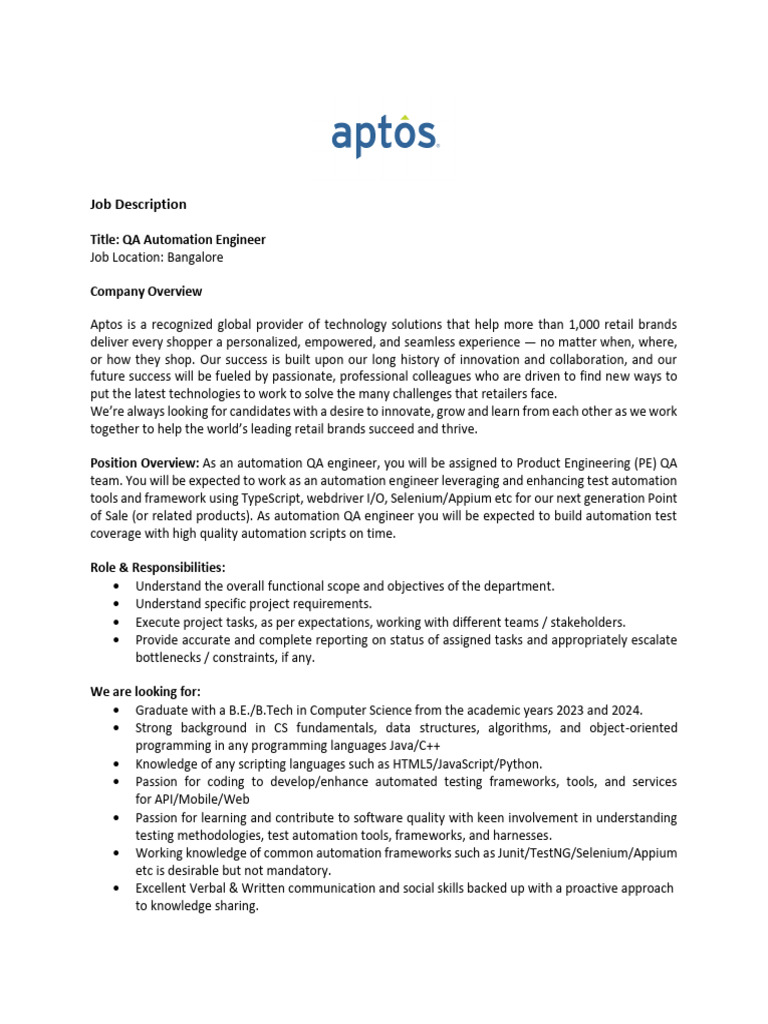 Jd Qa Automation Engineer Pdf Automation Computer Programming