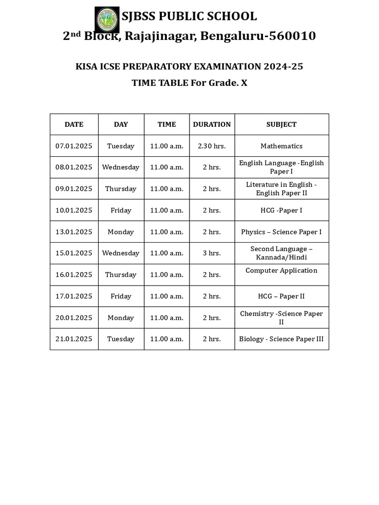KISA ICSE - Std.X - Preparatory Time Table 24-25 (2) | PDF