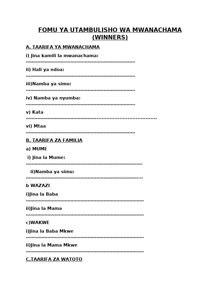 Fomu Ya Utambulisho Wa Mwanachama | PDF