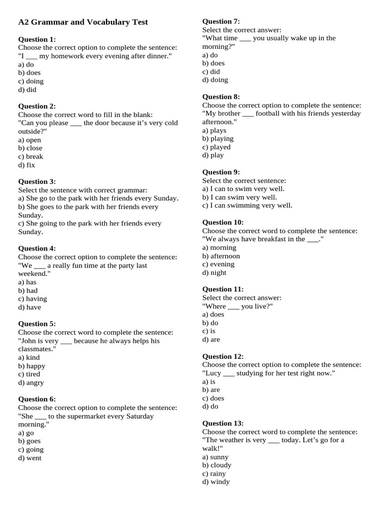 A2 Grammar And Vocabulary Test Pdf